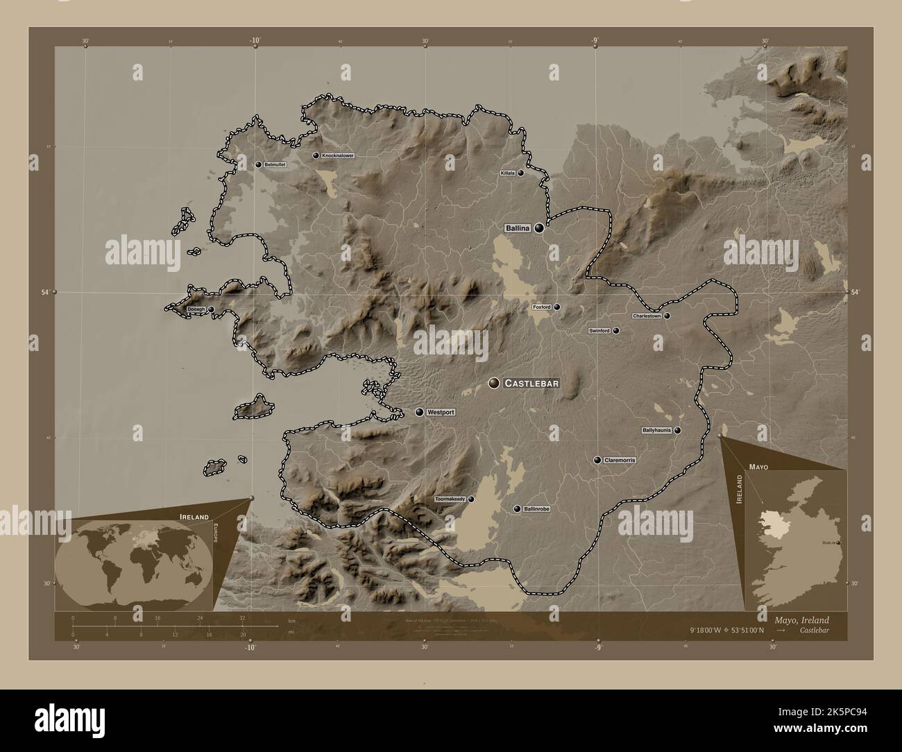 Mayo, county of Ireland. Elevation map colored in sepia tones with ...