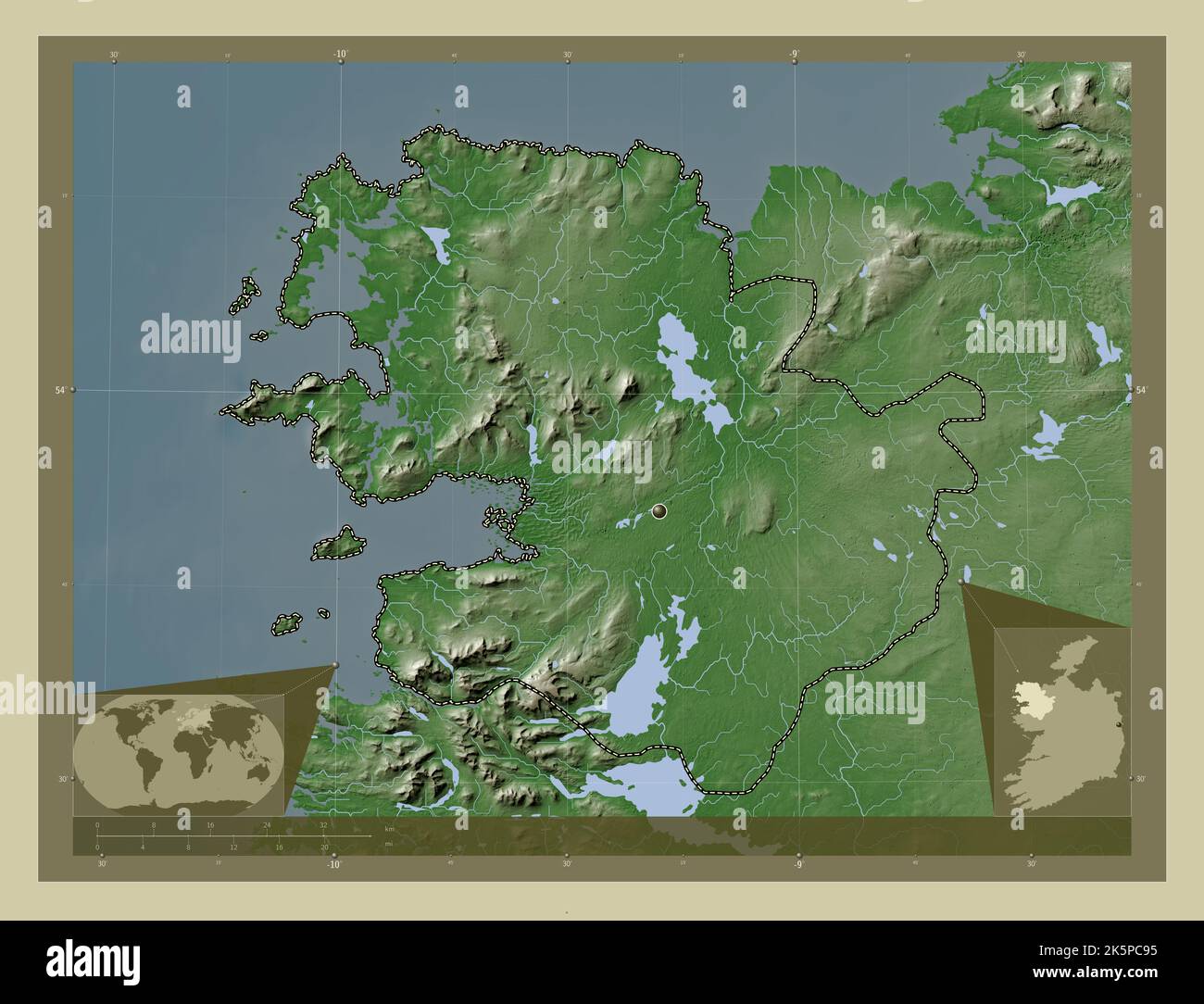 Mayo, county of Ireland. Elevation map colored in wiki style with lakes ...