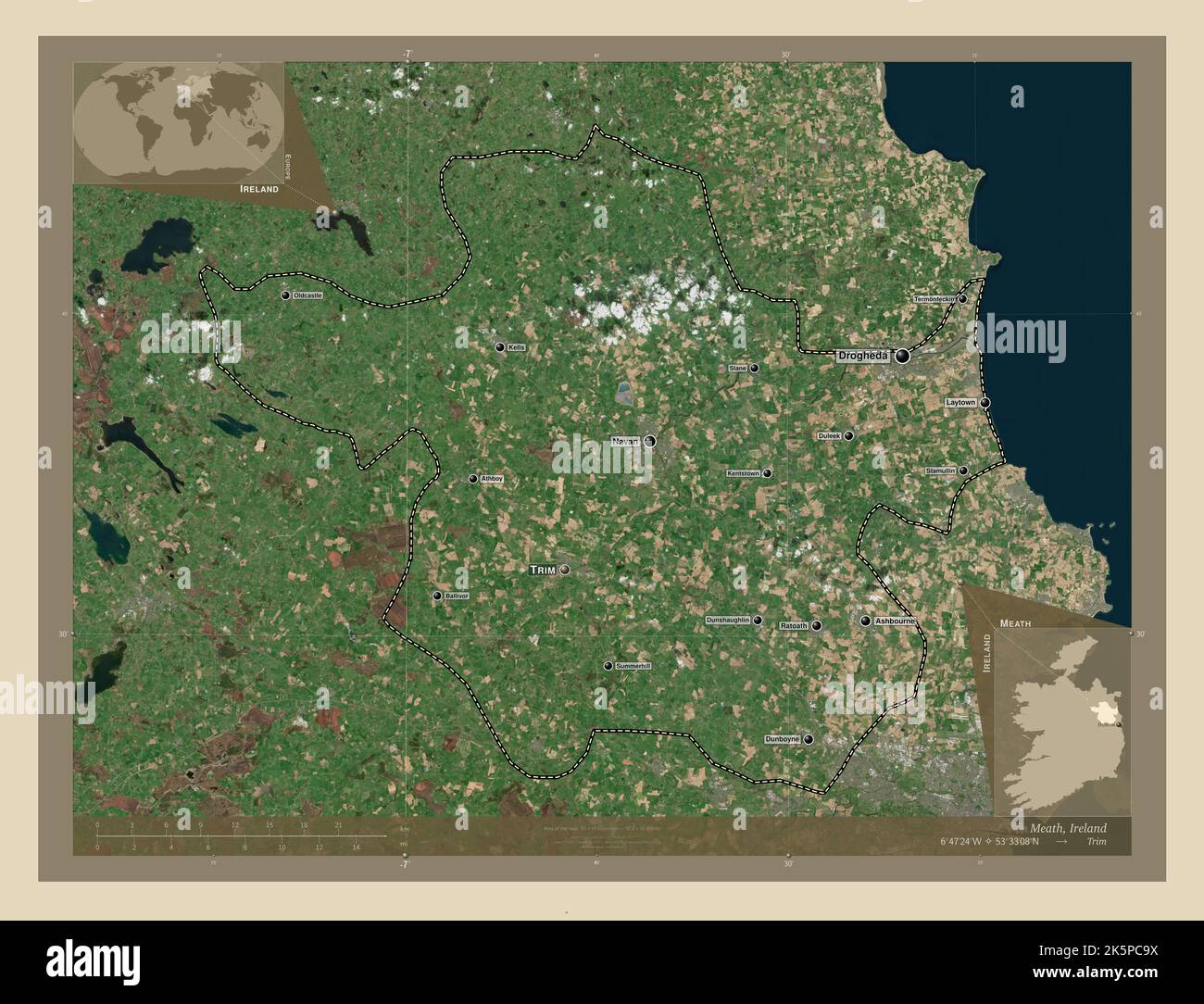 Meath, county of Ireland. High resolution satellite map. Locations and ...