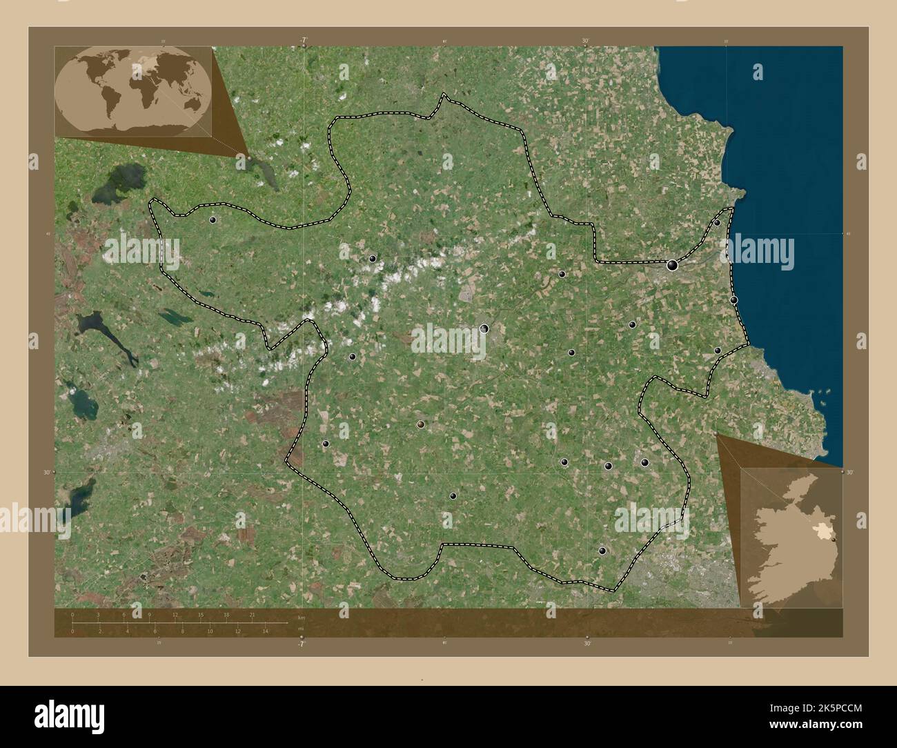 Meath, county of Ireland. Low resolution satellite map. Locations of ...