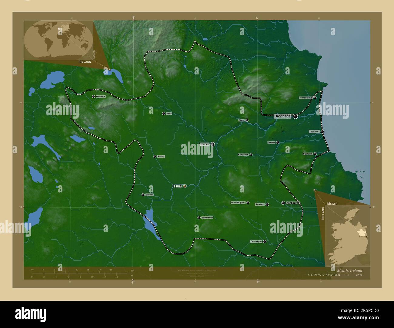 Meath, county of Ireland. Colored elevation map with lakes and rivers ...