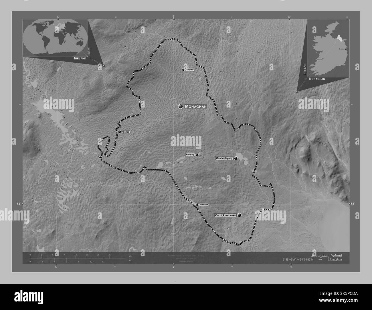 Monaghan, county of Ireland. Grayscale elevation map with lakes and ...