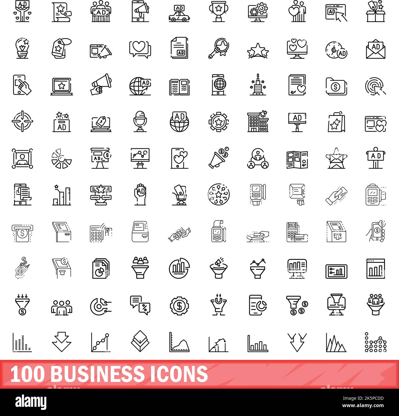 100 business icons set. Outline illustration of 100 business icons ...