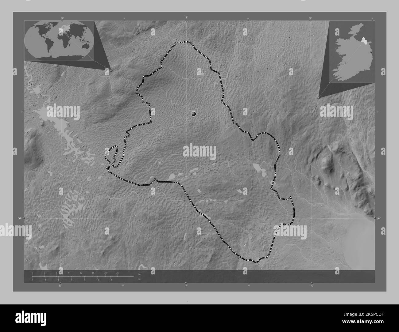 Monaghan, county of Ireland. Grayscale elevation map with lakes and ...