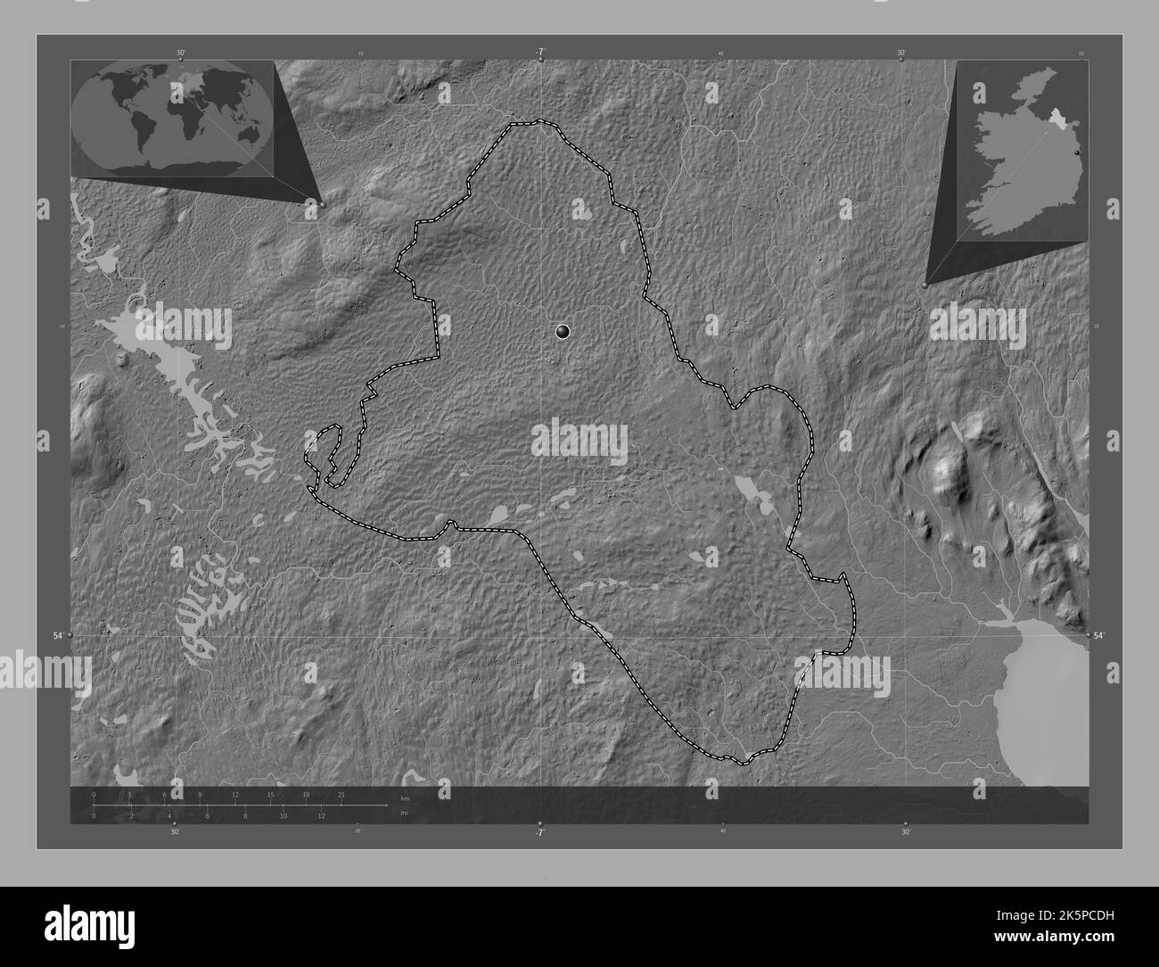 Monaghan, county of Ireland. Bilevel elevation map with lakes and ...