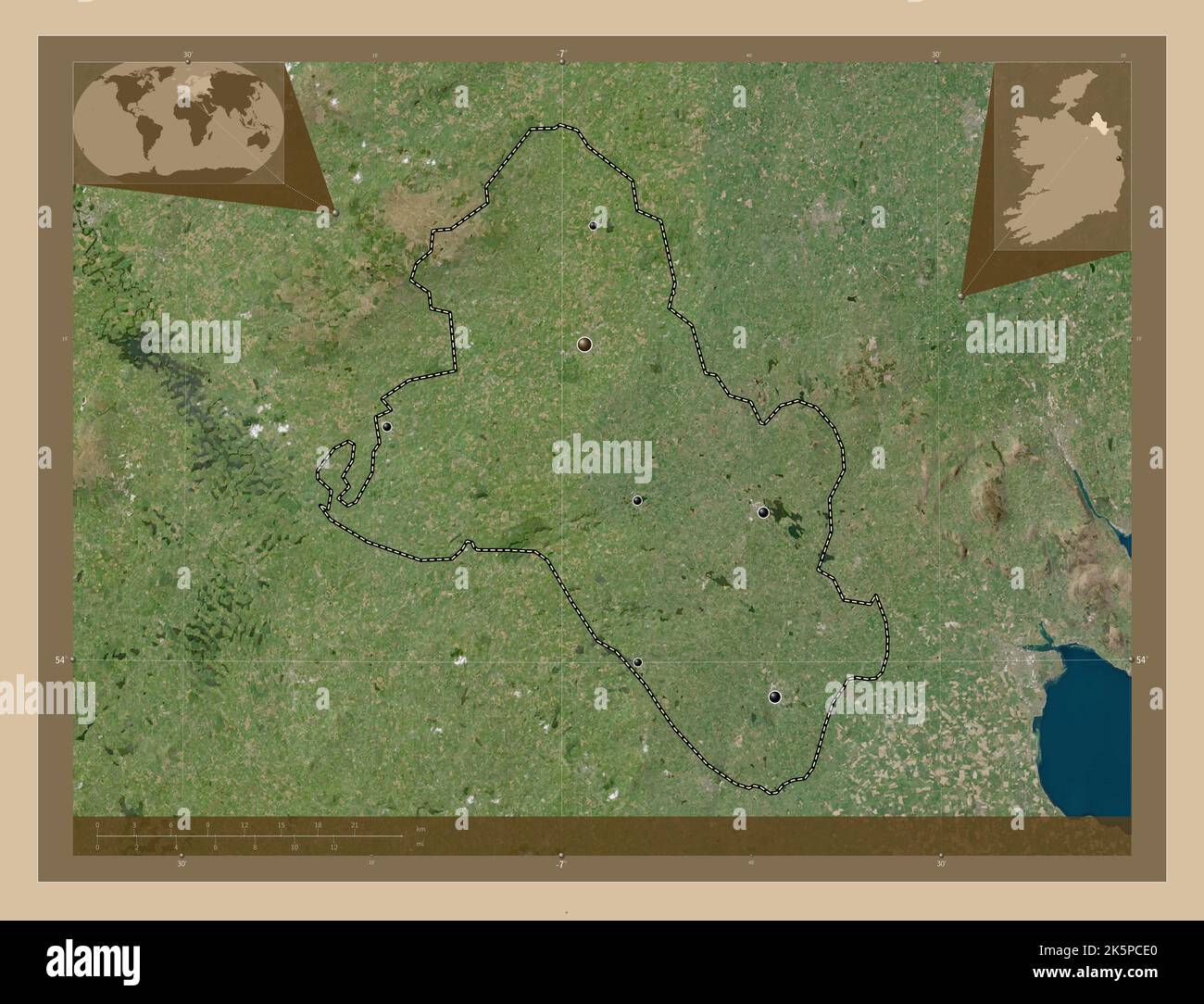 Monaghan, county of Ireland. Low resolution satellite map. Locations of ...