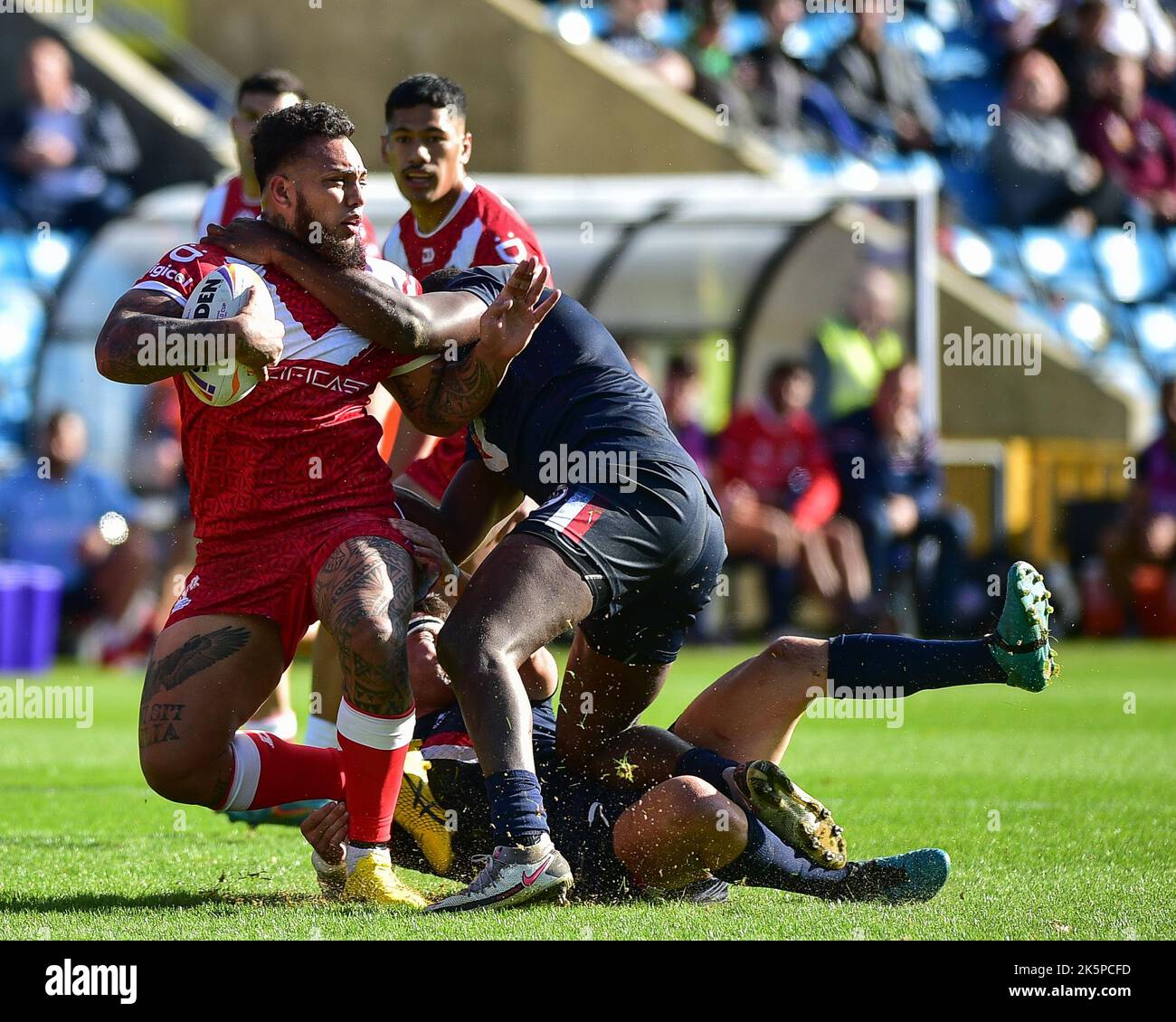 Halifax, England -8th October 2022 - Addin Fonua-Blake of Tonga tackled ...