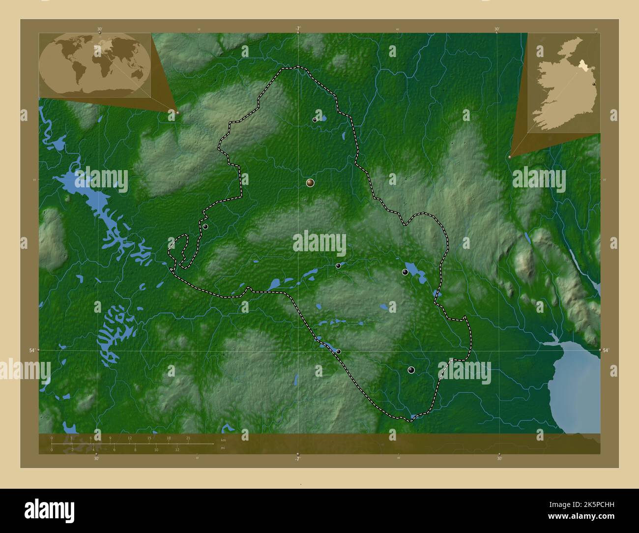 Monaghan, county of Ireland. Colored elevation map with lakes and ...