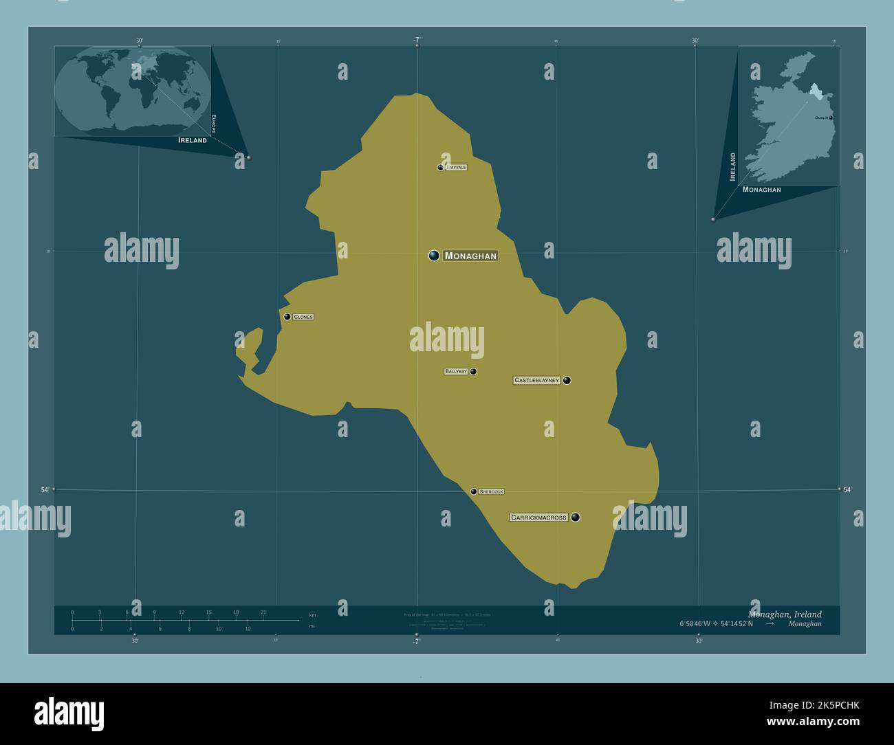 Monaghan, county of Ireland. Solid color shape. Locations and names of ...