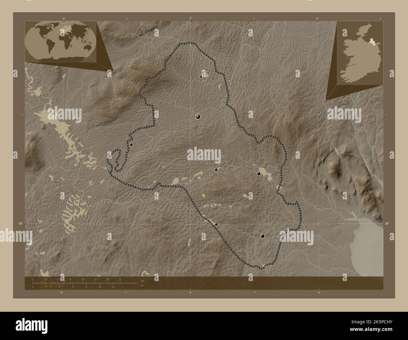 Monaghan, county of Ireland. Elevation map colored in sepia tones with ...