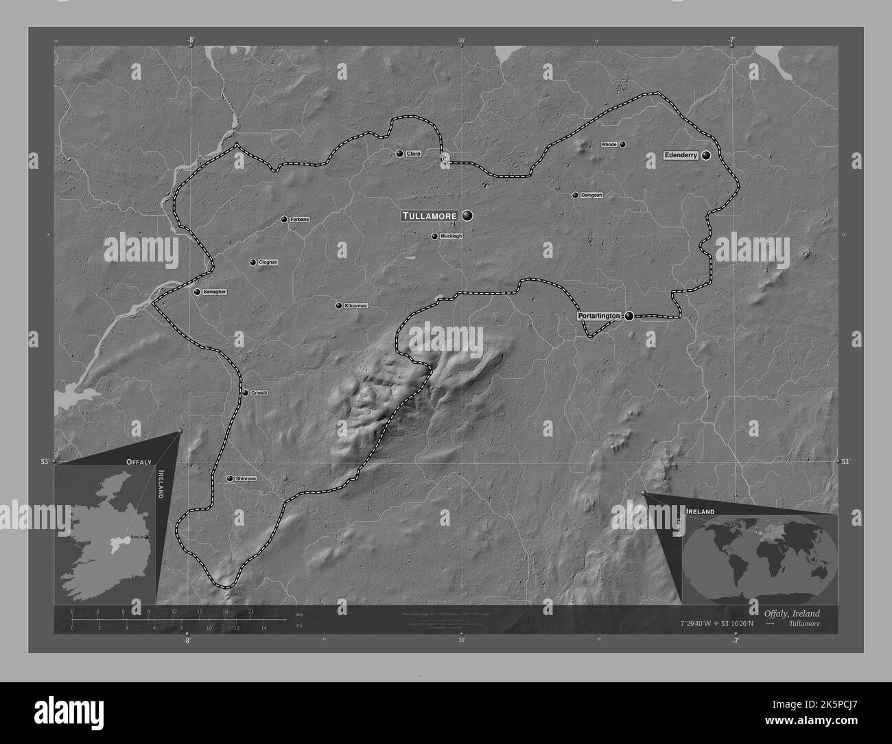 Offaly, county of Ireland. Bilevel elevation map with lakes and rivers ...
