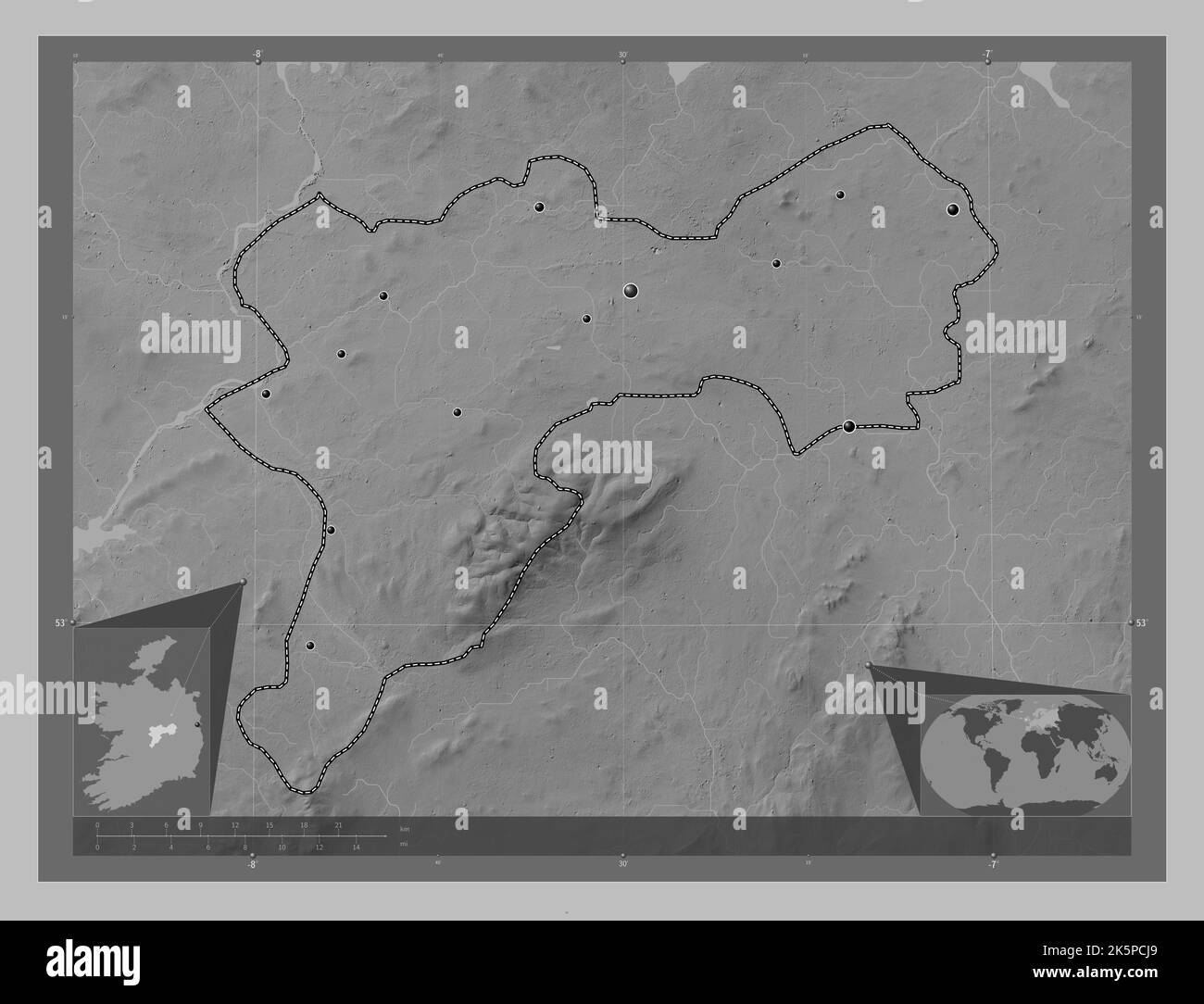 Offaly, county of Ireland. Grayscale elevation map with lakes and ...