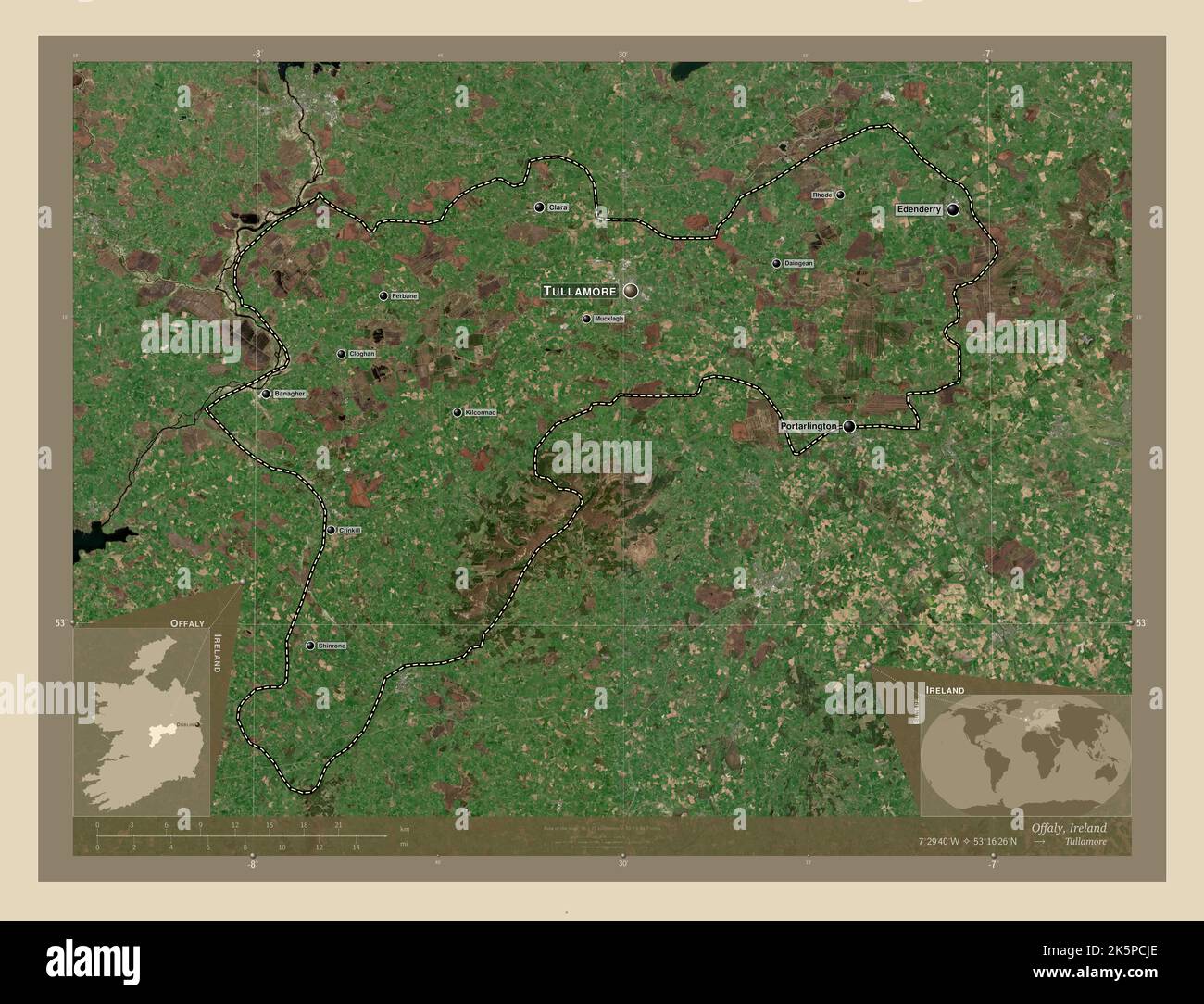Offaly, county of Ireland. High resolution satellite map. Locations and ...