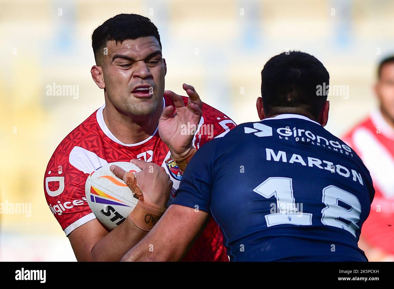 Halifax, England -8th October 2022 - David Fifita of Tonga tackled by ...