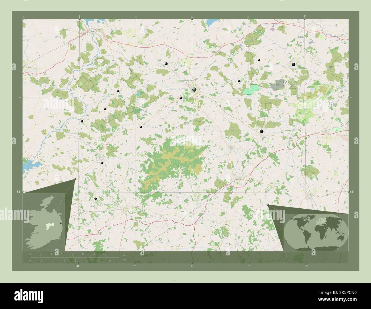 Offaly, county of Ireland. Open Street Map. Locations of major cities ...