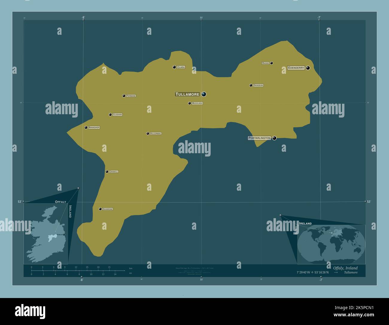 Offaly, county of Ireland. Solid color shape. Locations and names of ...