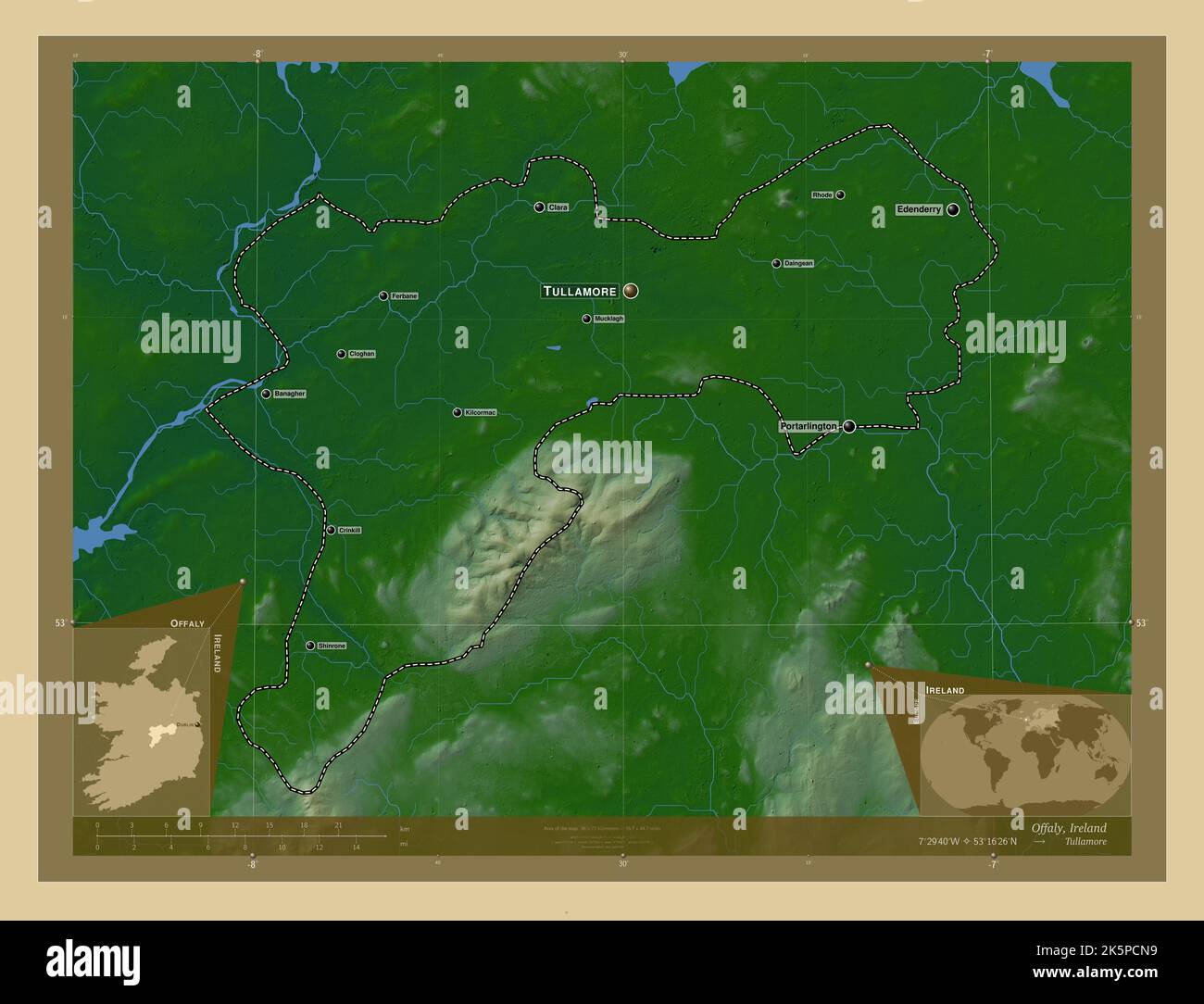 Offaly, county of Ireland. Colored elevation map with lakes and rivers ...