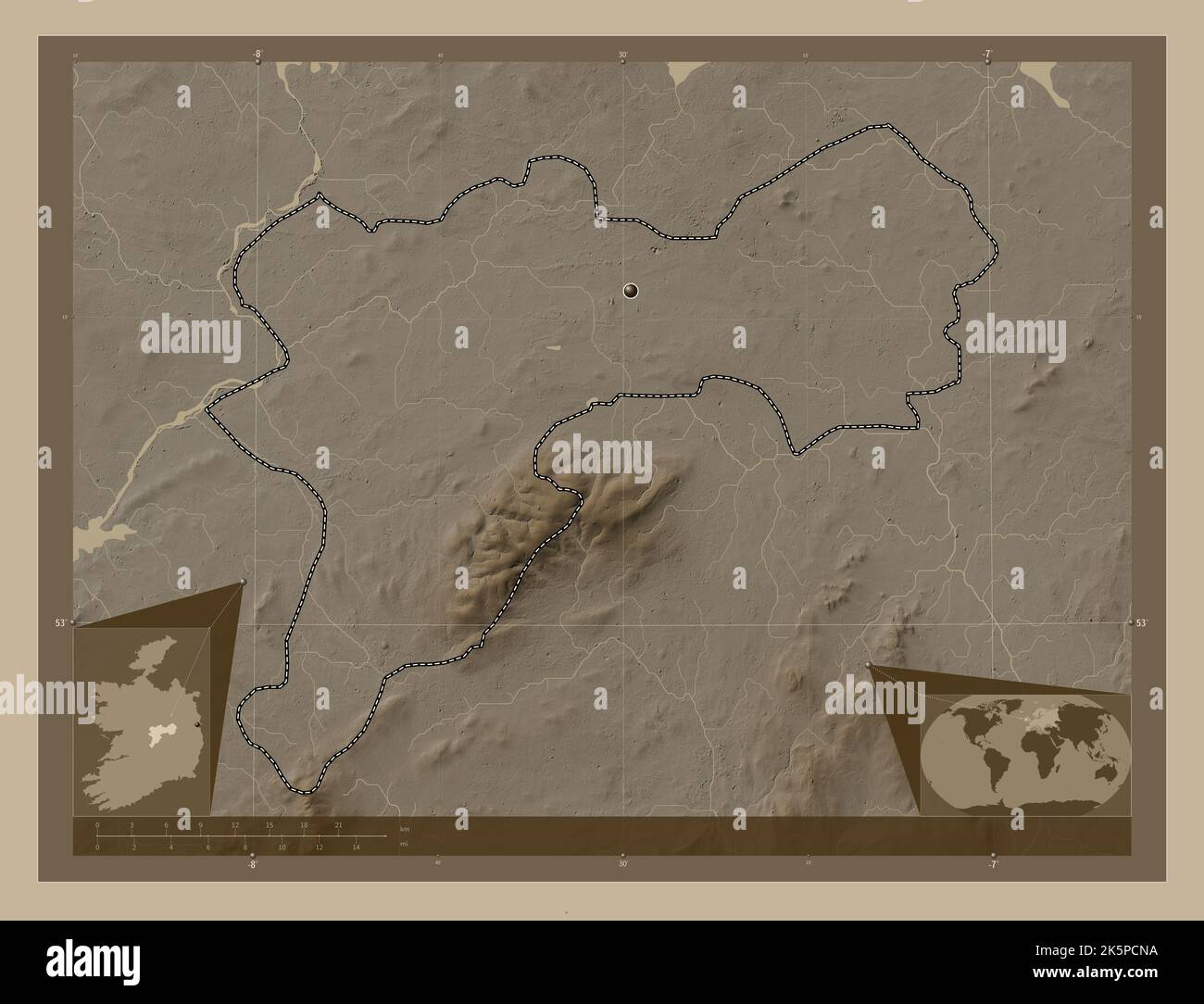 Offaly, county of Ireland. Elevation map colored in sepia tones with ...