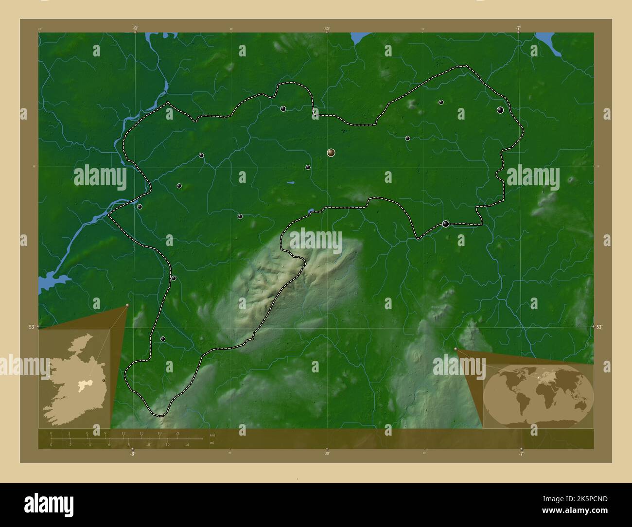 Offaly, county of Ireland. Colored elevation map with lakes and rivers ...