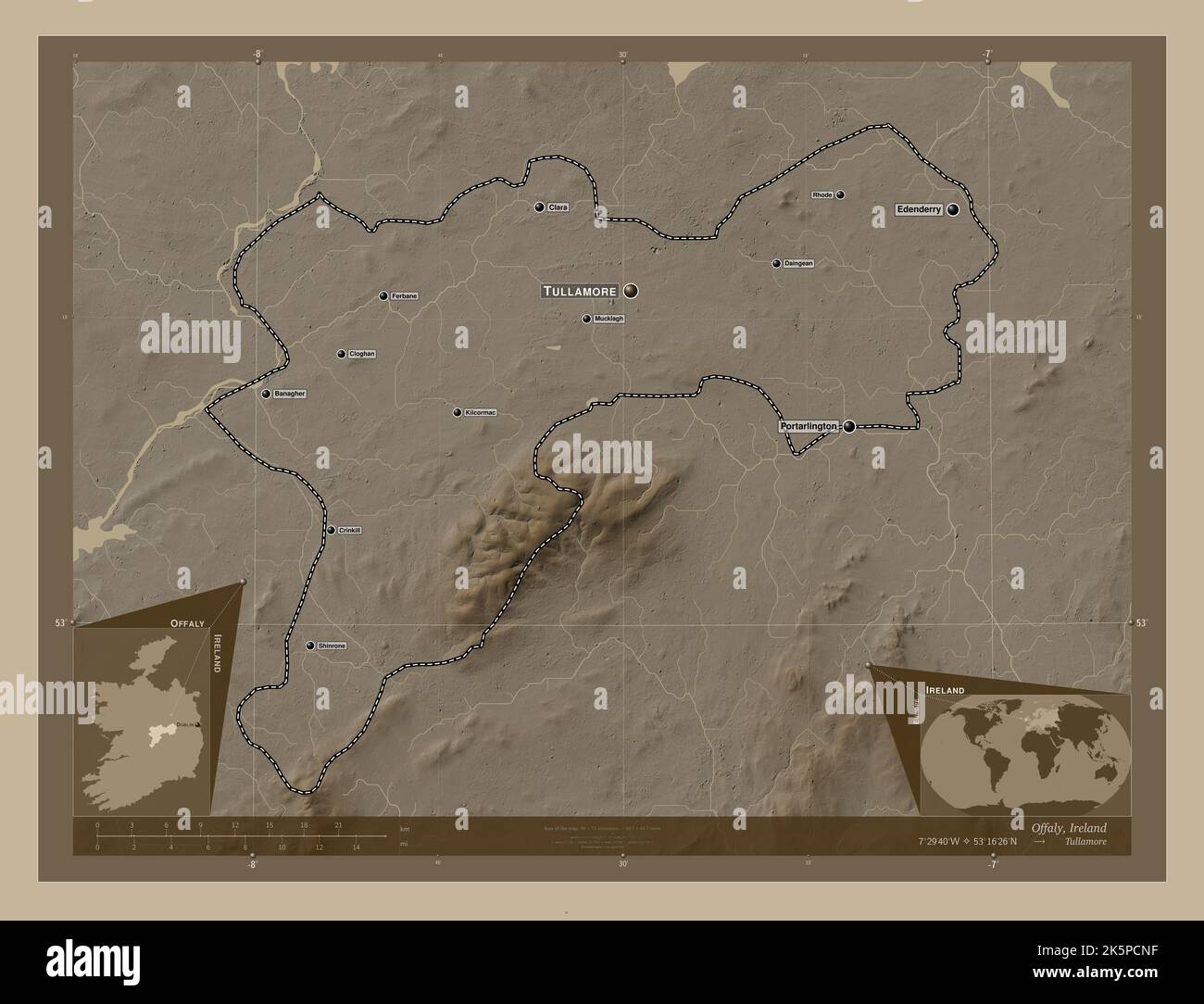 Offaly, county of Ireland. Elevation map colored in sepia tones with ...
