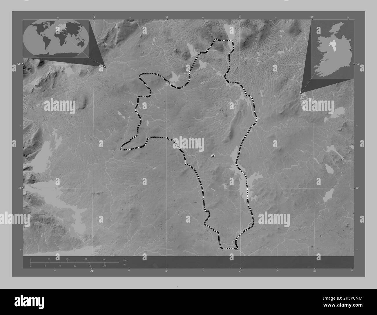 Roscommon, county of Ireland. Grayscale elevation map with lakes and ...