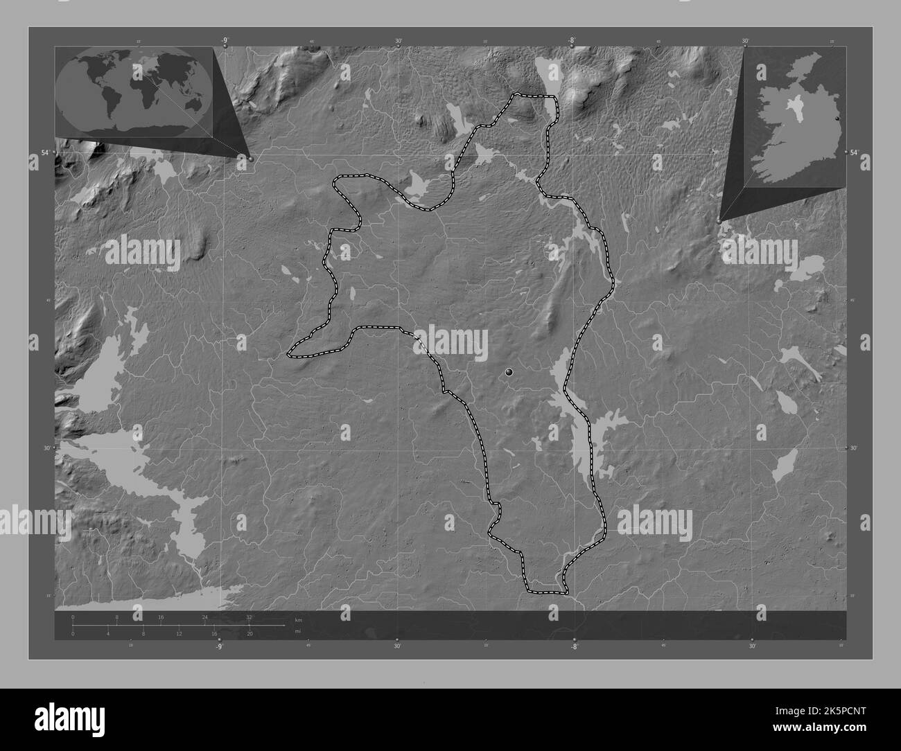 Roscommon, county of Ireland. Bilevel elevation map with lakes and ...