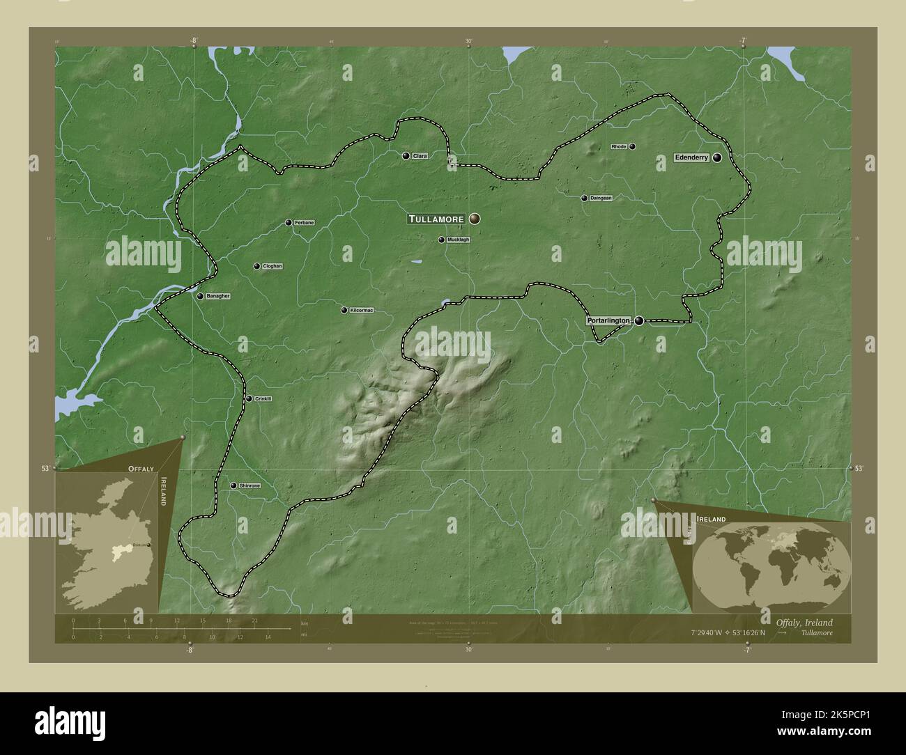 Offaly, county of Ireland. Elevation map colored in wiki style with ...