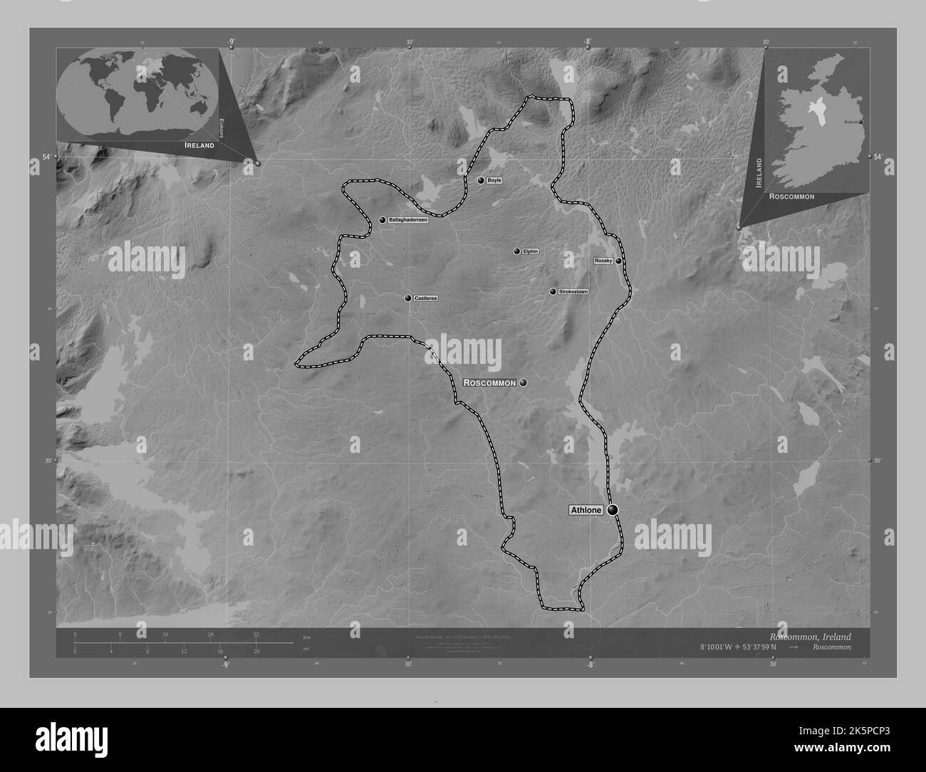 Roscommon, county of Ireland. Grayscale elevation map with lakes and ...