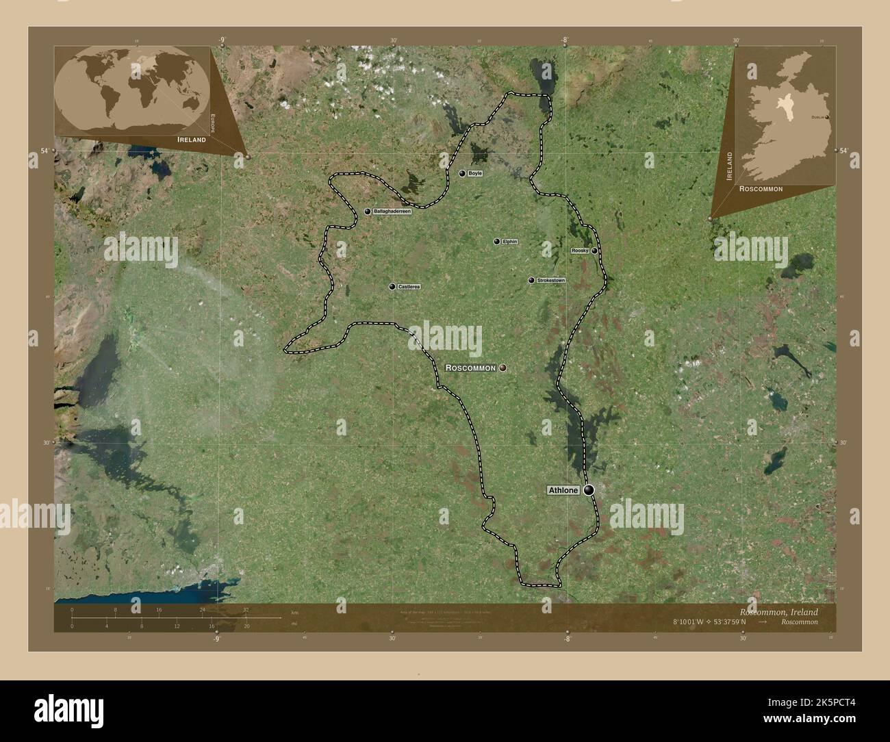 Roscommon, county of Ireland. Low resolution satellite map. Locations ...