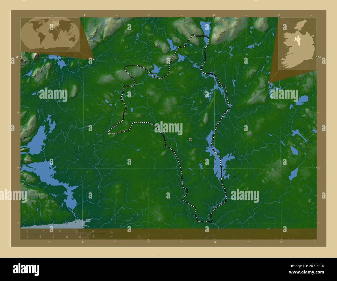 Roscommon, county of Ireland. Colored elevation map with lakes and ...