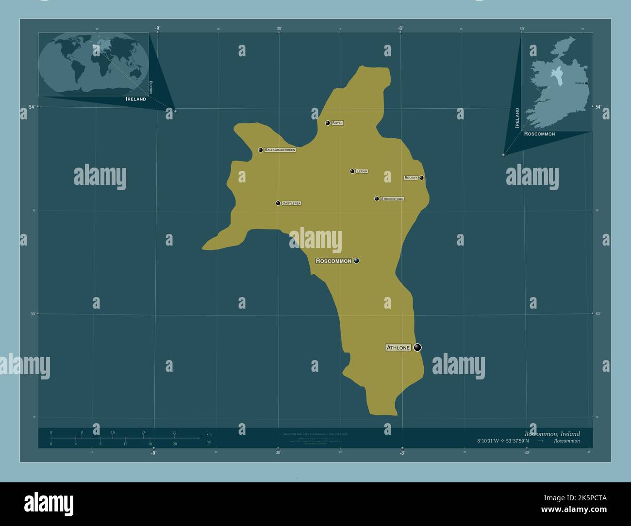 Roscommon, county of Ireland. Solid color shape. Locations and names of ...