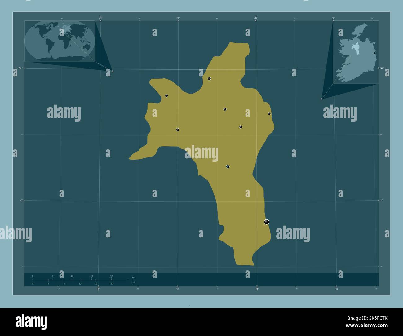 Roscommon, county of Ireland. Solid color shape. Locations of major ...