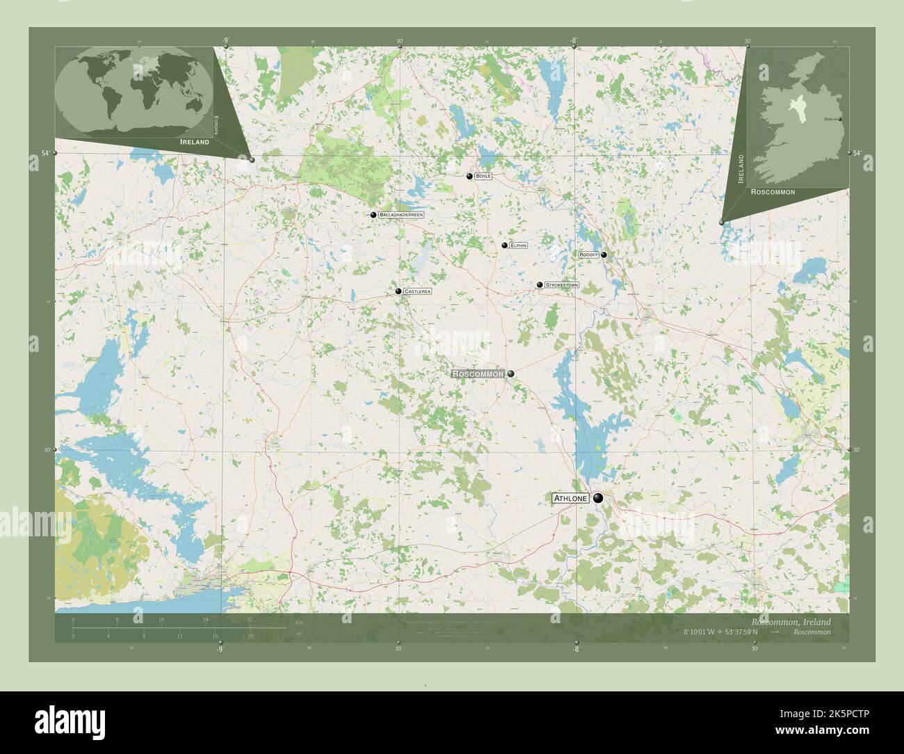 Roscommon, county of Ireland. Open Street Map. Locations and names of ...