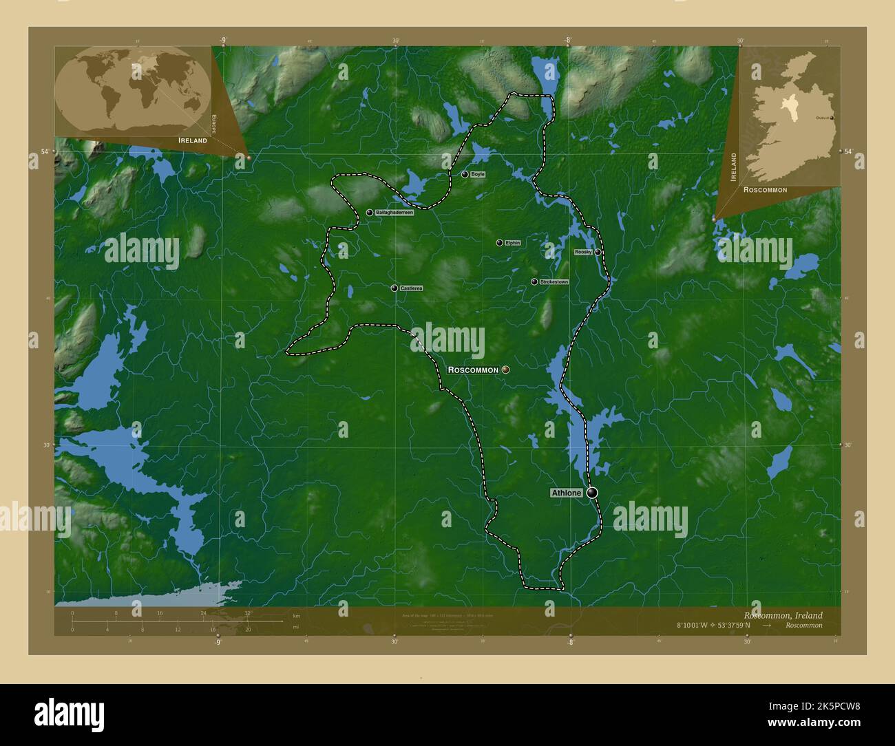 Roscommon, county of Ireland. Colored elevation map with lakes and ...