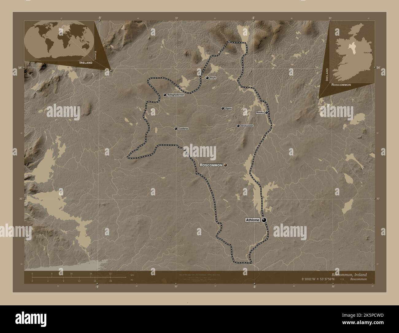 Roscommon, county of Ireland. Elevation map colored in sepia tones with ...