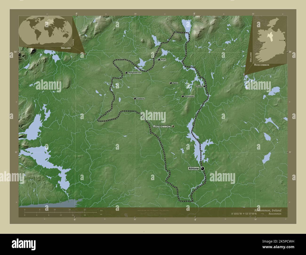 Roscommon, county of Ireland. Elevation map colored in wiki style with ...