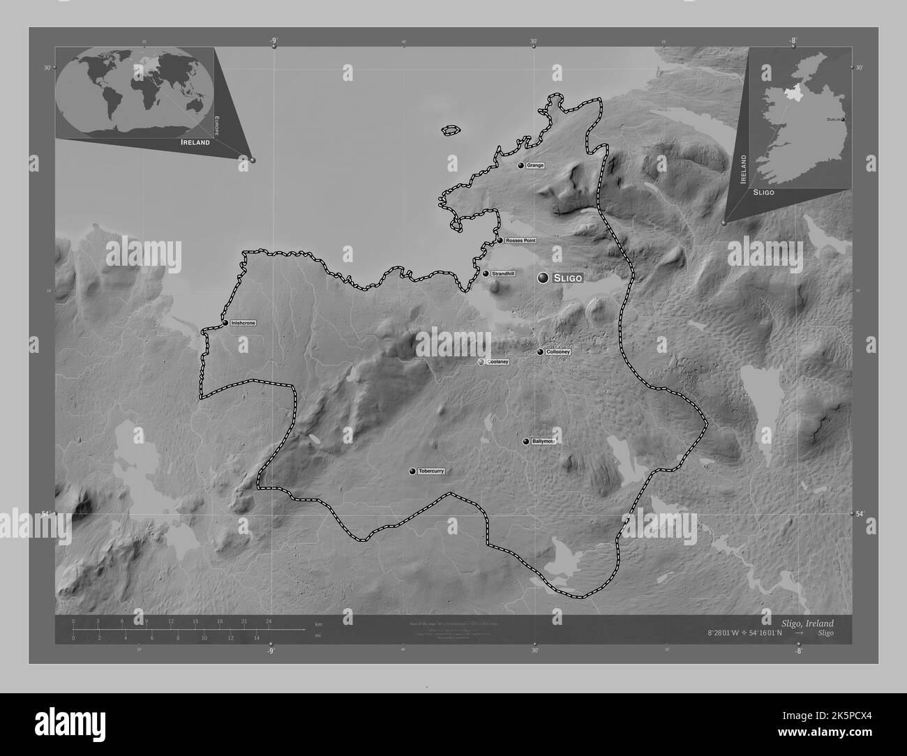 Sligo, county of Ireland. Grayscale elevation map with lakes and rivers ...
