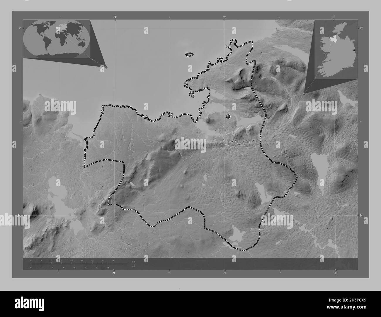 Sligo, county of Ireland. Grayscale elevation map with lakes and rivers ...