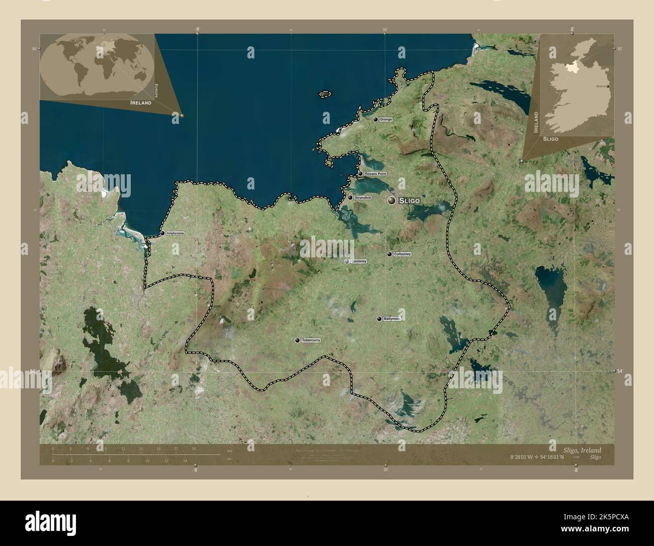Sligo, county of Ireland. High resolution satellite map. Locations and ...