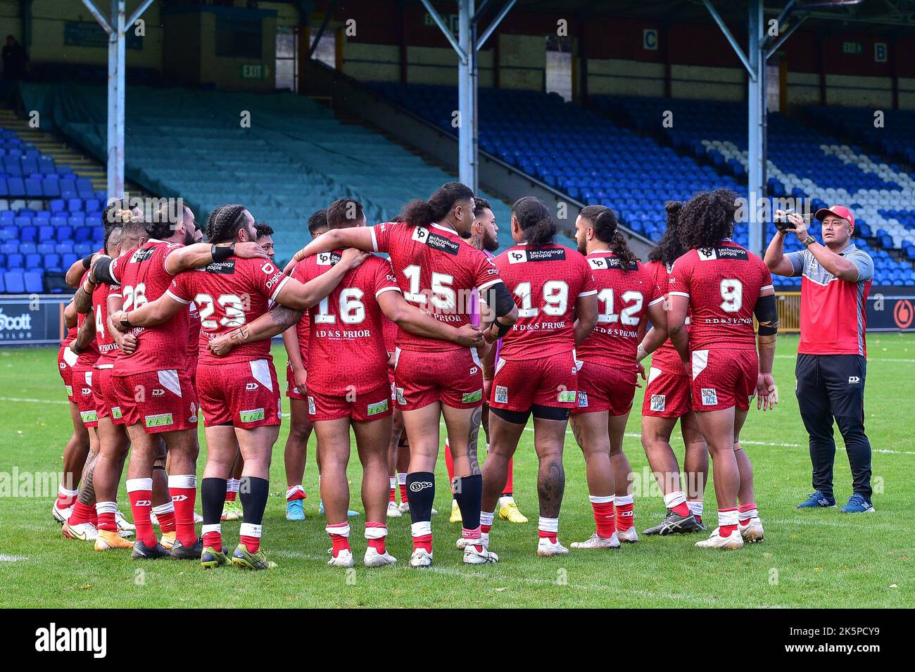 Halifax, England -8th October 2022 - Tonga team huddle after win. Rugby ...