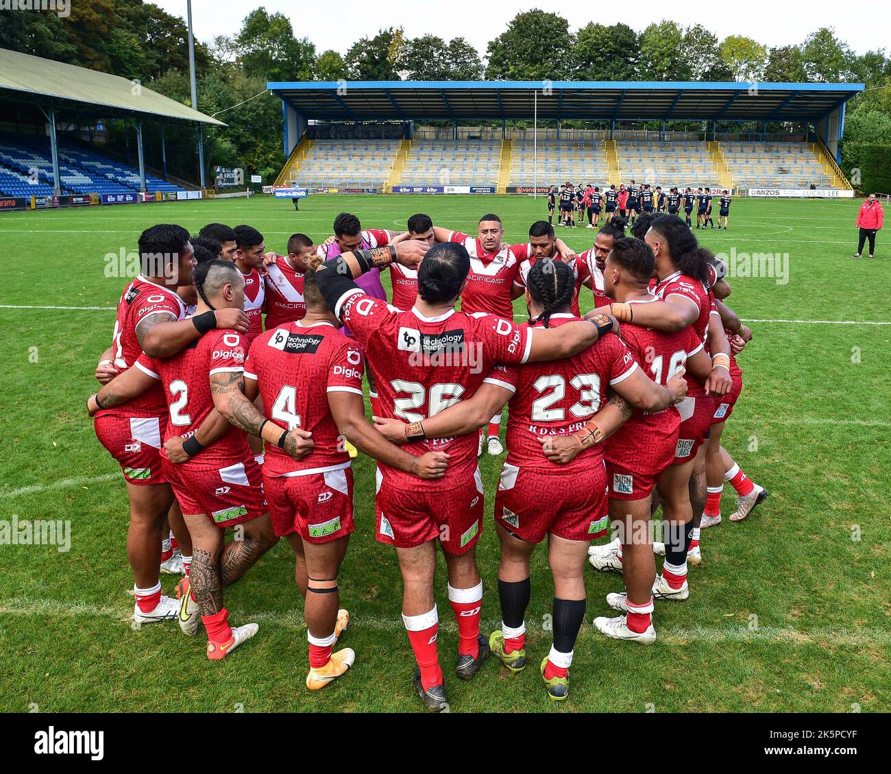 Halifax, England -8th October 2022 - Tonga team huddle after win. Rugby ...