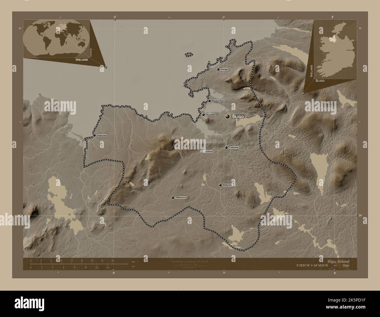 Sligo, county of Ireland. Elevation map colored in sepia tones with ...