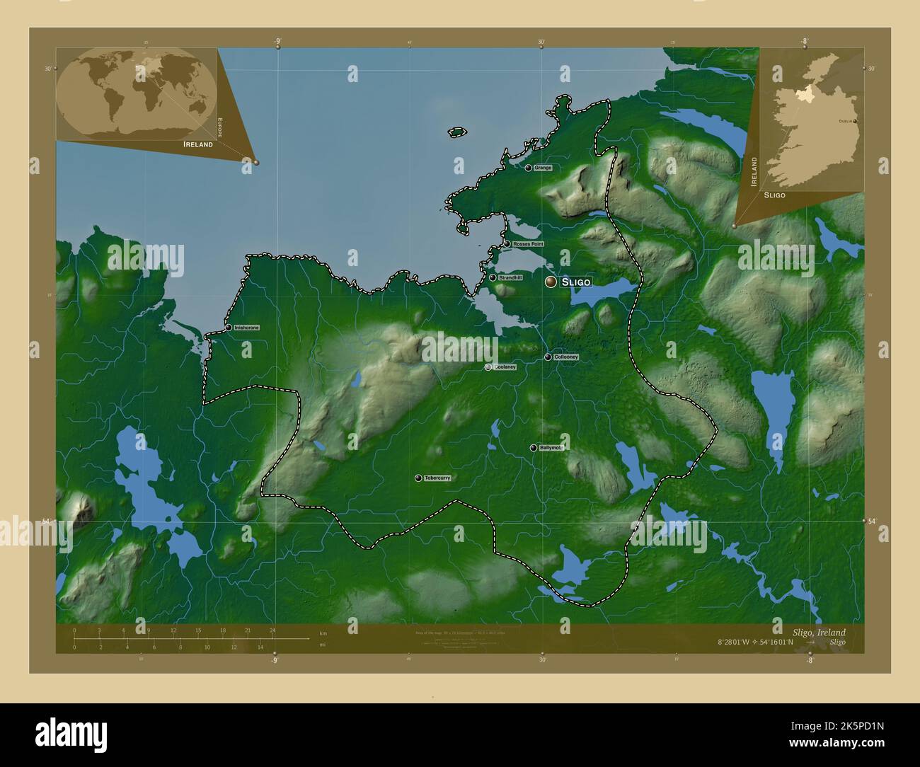 Sligo, county of Ireland. Colored elevation map with lakes and rivers ...