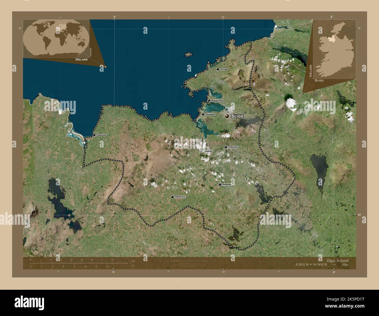 Sligo, county of Ireland. Low resolution satellite map. Locations and ...