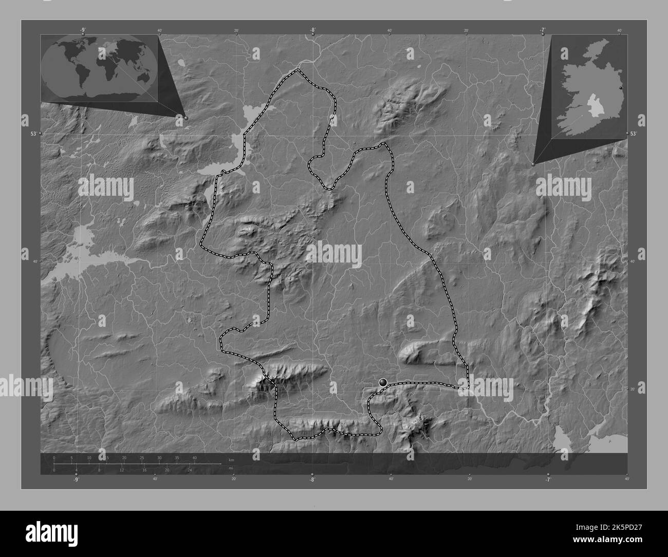 Tipperary, county of Ireland. Bilevel elevation map with lakes and ...
