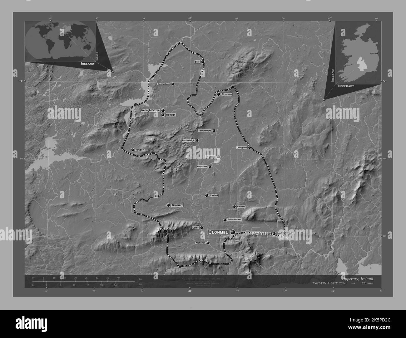 Tipperary, county of Ireland. Bilevel elevation map with lakes and ...