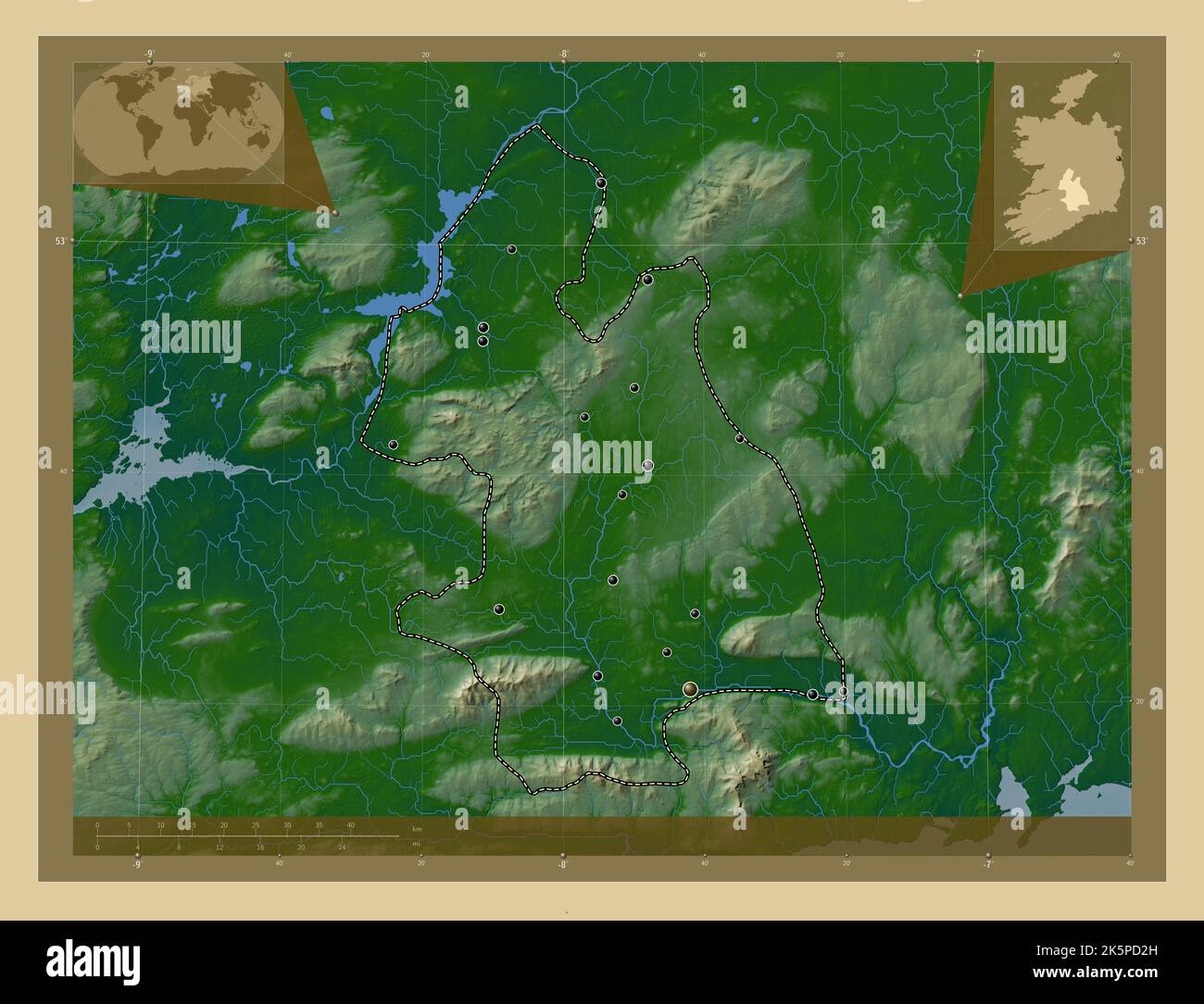 Tipperary, county of Ireland. Colored elevation map with lakes and ...