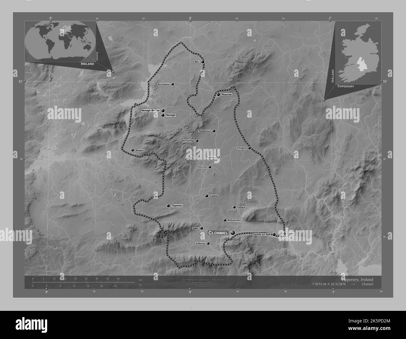 Tipperary, county of Ireland. Grayscale elevation map with lakes and ...