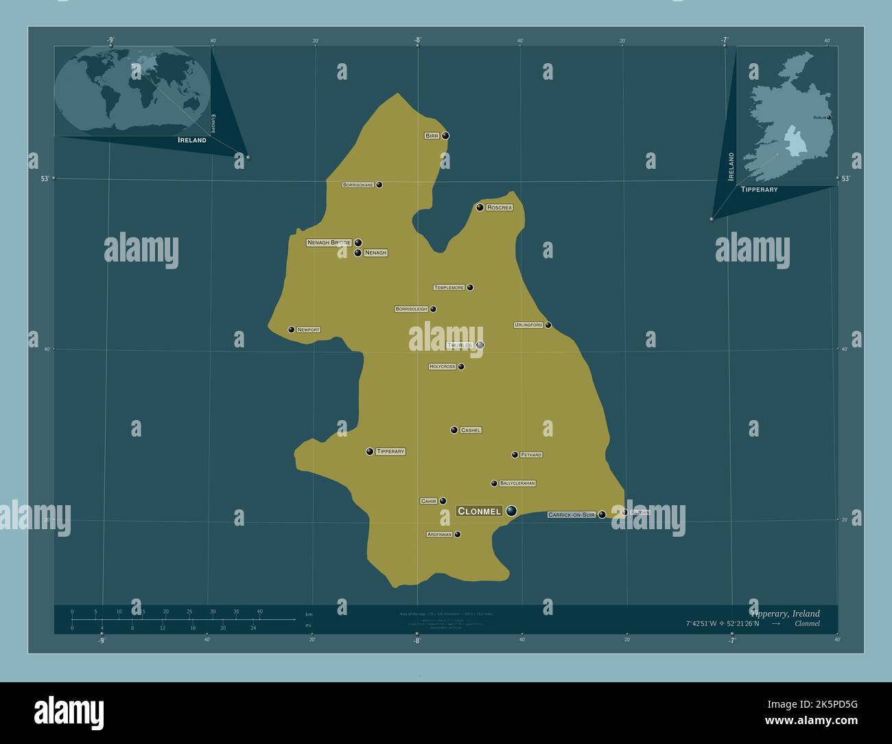 Tipperary, county of Ireland. Solid color shape. Locations and names of ...