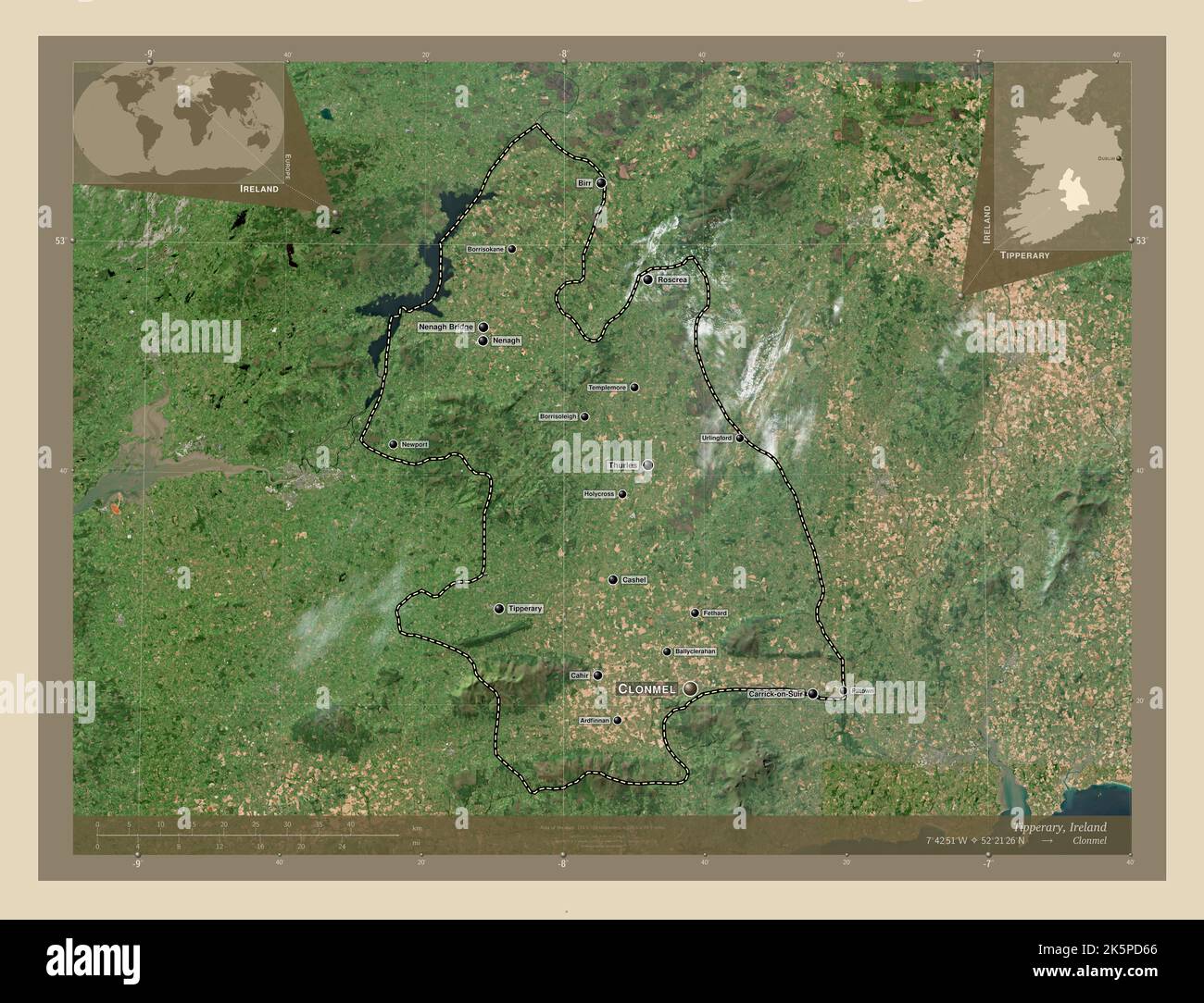 Tipperary, county of Ireland. High resolution satellite map. Locations ...